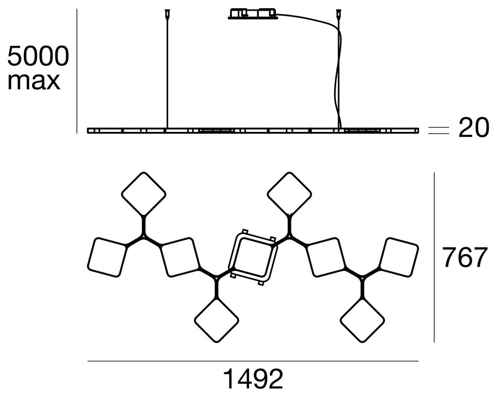 Stilnovo 8110 Quad_P9, bílé závěsné svítidlo pro nepřímé osvětlení, 91W LED 3000K stmívatelné, 149x76cm
