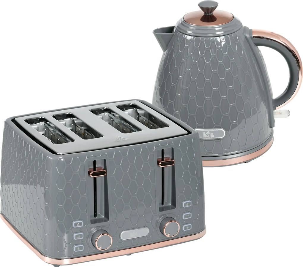 HOMCOM 2v1 kuchyňská sada, toustovač a rychlovarná konvice, různé možnosti, 1,7 l, 4 krajíce toastu najednou, plast, šedá