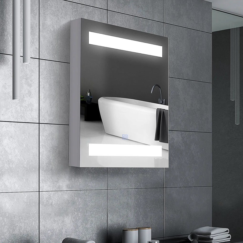 HOMCOM LED zrcadlová skříňka 9 W Koupelnová skříňka s zrcadlem Koupelnová skříňka s dotykovým spínačem Funkce měkkého zavírání Bílá 50 x 15 x 60 cm