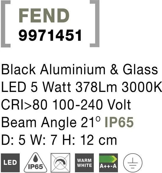NV 9971451 Venkovní nástěnné svítidlo FEND černý hliník a sklo LED 5W 3000K 100-240V 21st. IP65 - NOVA LUCE