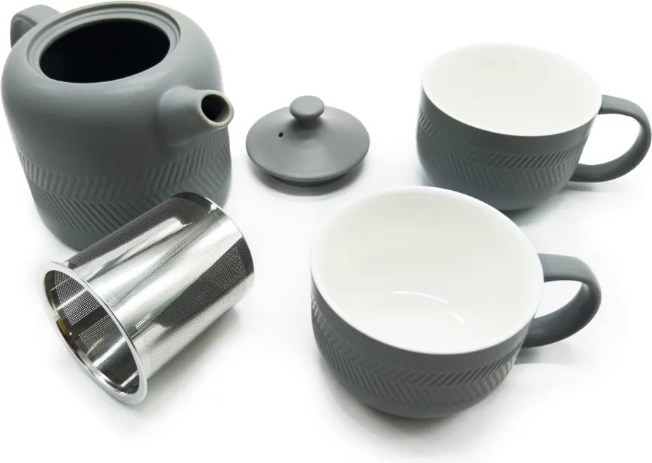 Porcelánová čajová souprava Hygge, 0,9 l – matná taupe šedá, plastický vzor šipek, 2 šálky