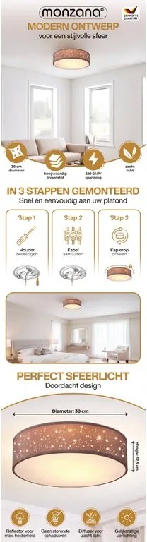 Stropní svítidlo šedohnědý textil Ø38cm hvězdná obloha