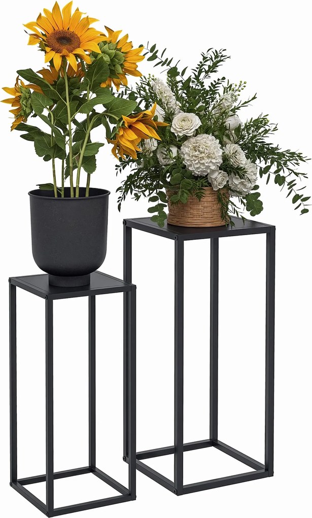 Outsunny Set 2 Květinových Stojanů, Stoličky na Květiny s Ocelovými Nohami, Skandinávský Design, Květinový Stojan na Zahradu a Balkon, Černá | Aosom
