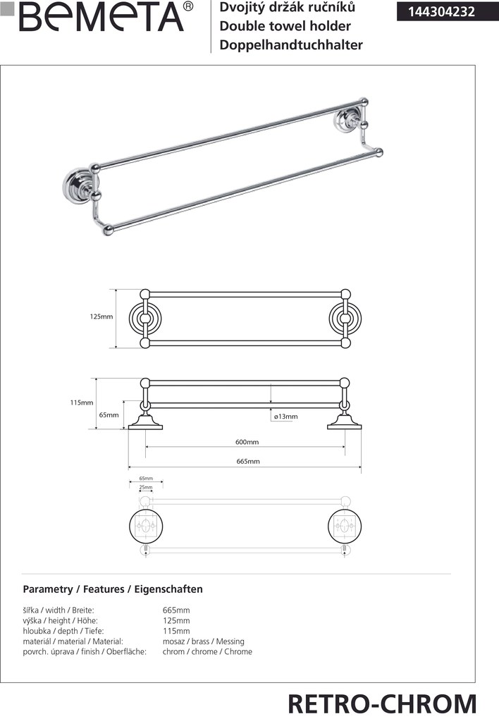 Bemeta Design RETRO chrom: Držák ručníků, 600 mm, dvojitý - 144304232