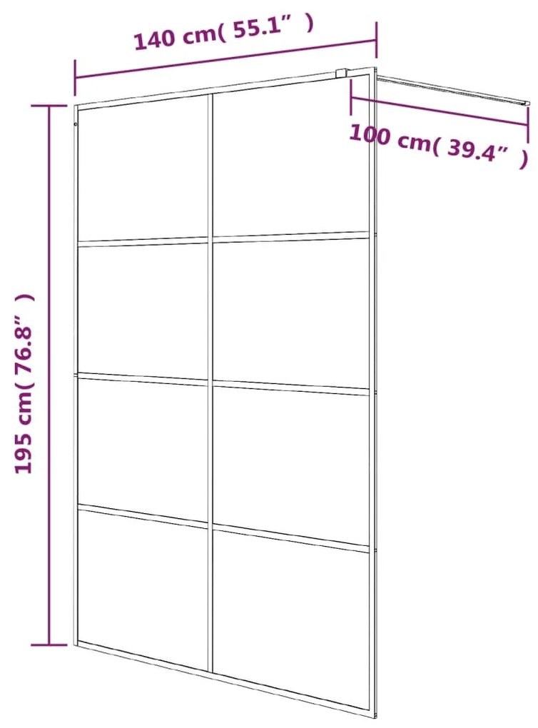 Sprchová zástěna walk-in černá 140x195 cm napůl mléčné ESG sklo