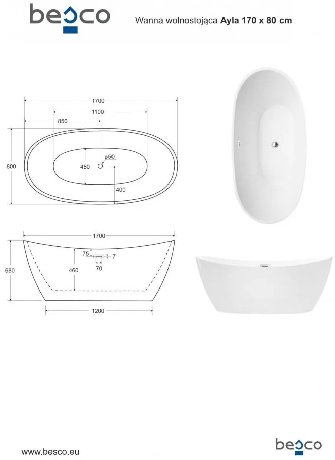 BESCO Volně stojící vana AYLA Glam - zlatá Barva - GLAM 01 - zlatá, Barva sifonu - Zlatá, Rozměr vany - 170 × 80 cm VANAYLA170ZG1