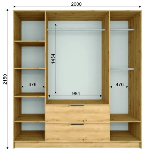 Šatní skříň se zrcadlem VISTA 200x215 cm dub artisan/grafit