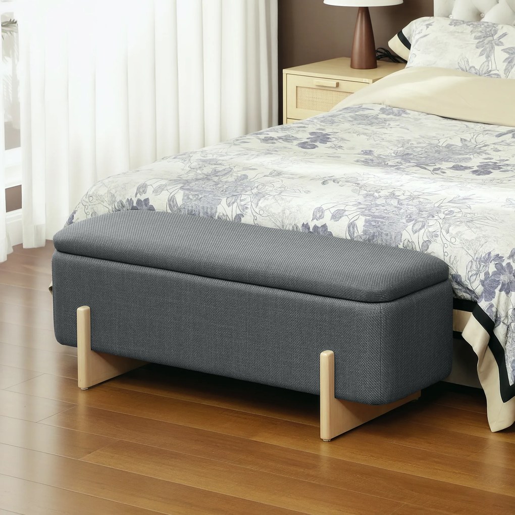 HOMCOM Stolička s úložným prostorem, sedací lavice s pěnovým polstrováním, imitace lnu, 111 x 44,5 cm, tmavě šedá