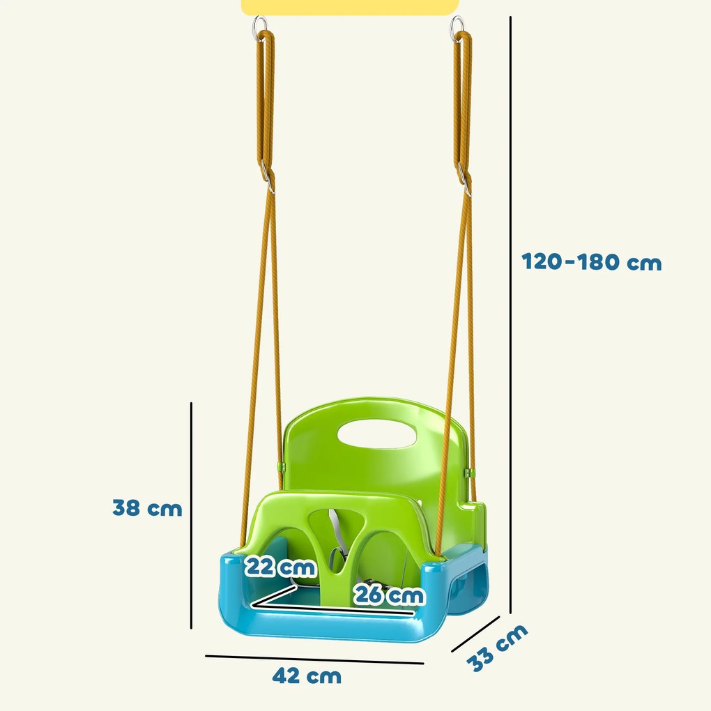 Dětská houpačka Outsunny 3-v-1 pro vnitřní i venkovní použití, nastavitelný provaz a bezpečnostní pás, 9-36 měsíců, zelená