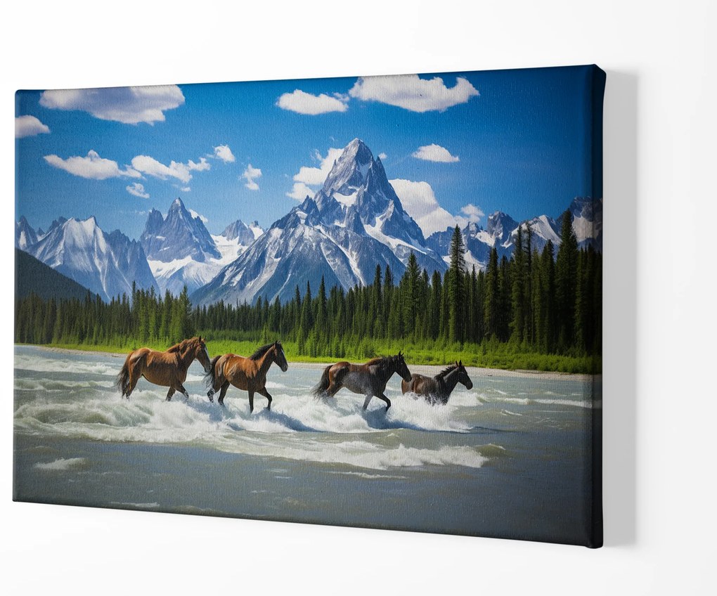 Obraz na plátně - Koně brodí řeku v horách FeelHappy.cz Velikost obrazu: 120 x 80 cm