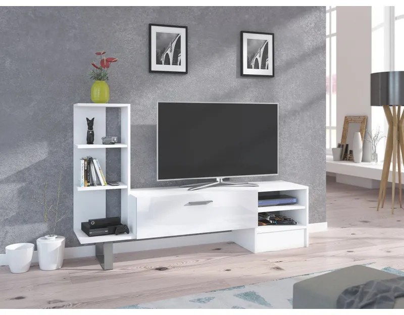Televizní skříňka s regálem Silasio, Barva: bílá + bílý lesk Mirjan24 5903211047114
