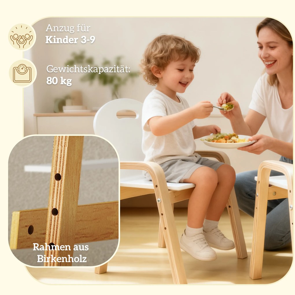 Dětská dřevěná židlička, protiskluzové podložky pod nohy, 3-9 let, výškově nastavitelná, bílá