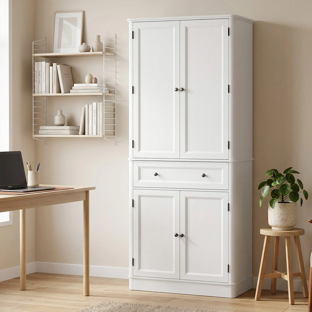 HOMCOM 186,4 cm vysoká kuchyňská skříň se čtyřmi dvířky, zásuvkou a nastavitelnými policemi, bílá – 80 x 39,5 x 186,4 cm