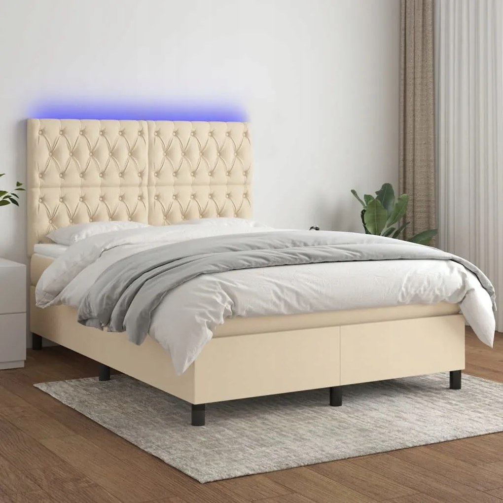 Box Spring Postel S Matrací A Led Textil Krémová Prošívaný design 140 x 2