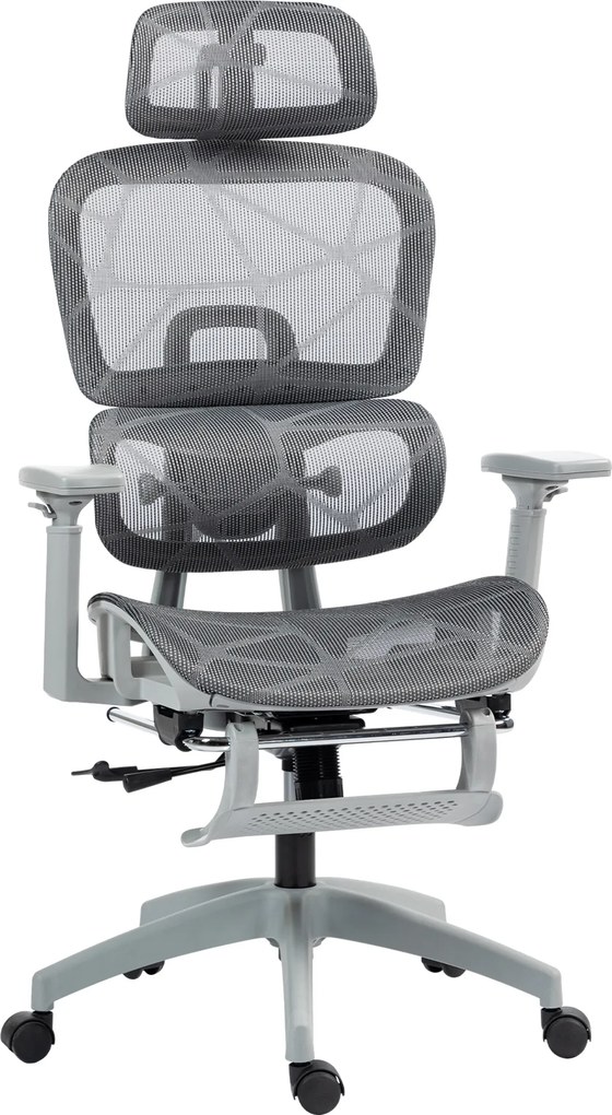 HOMCOM Kancelářská židle, ergonomická židle k psacímu stolu s potahem ze síťoviny, nastavitelná, na kolečkách, s opěrkami rukou, opěrkou hlavy, šedá