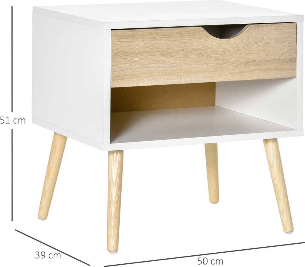 HOMCOM Noční stolek s šuplíkem, moderní design, nohy z masivu, 50 x 39 x 51 cm, bílý a přírodní dřevo