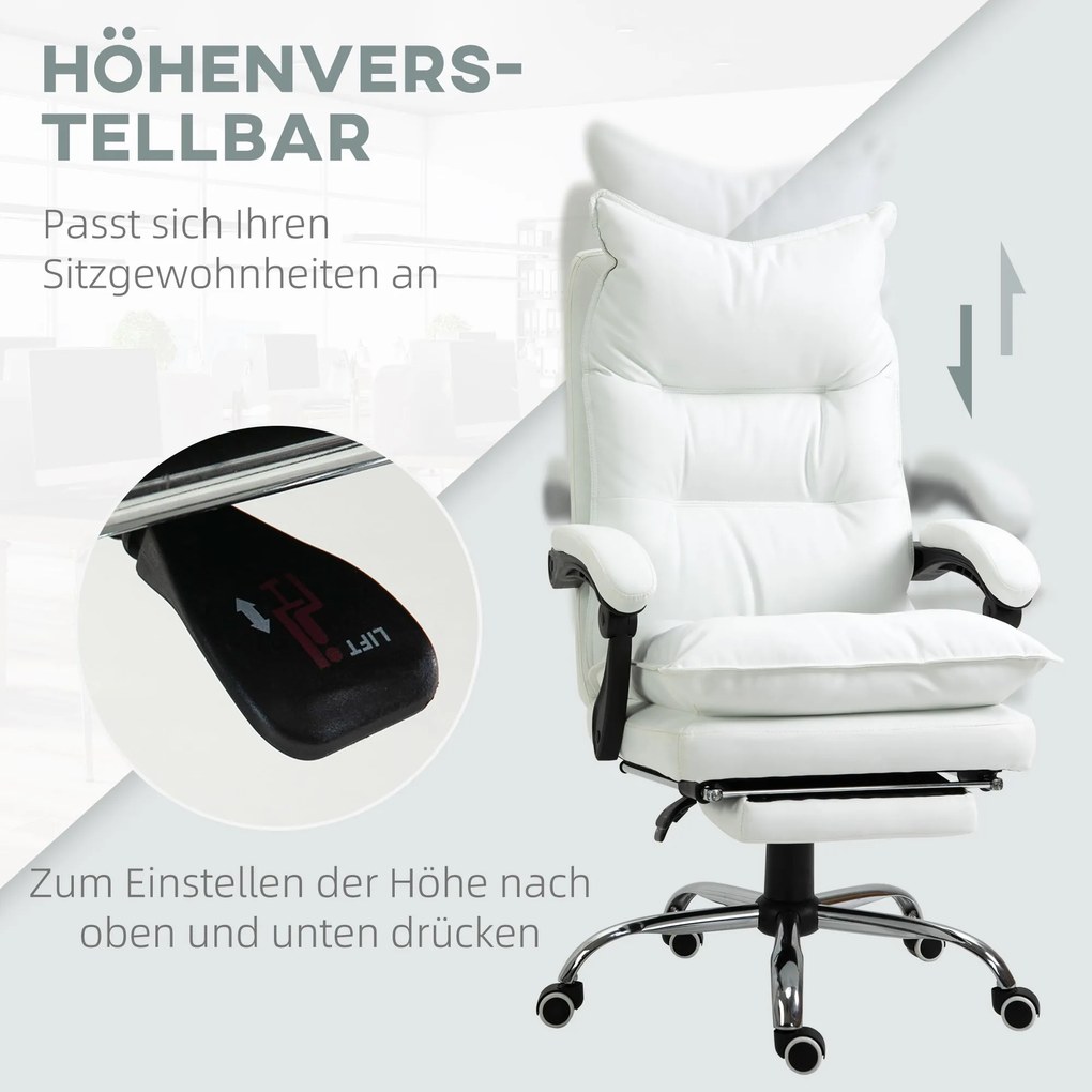 Kancelářská židle Vinsetto s funkcí polohování, kancelářská židle s podnožkou, výškově nastavitelná otočná židle, opěradlo, bílá