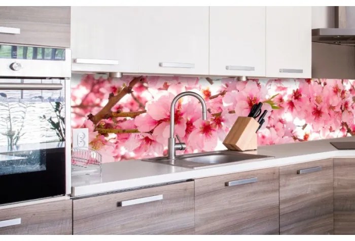 DIMEX | Fototapeta do kuchyně Květy jabloní KI-260-054 | 260 x 60 cm | červená, bílá, růžová