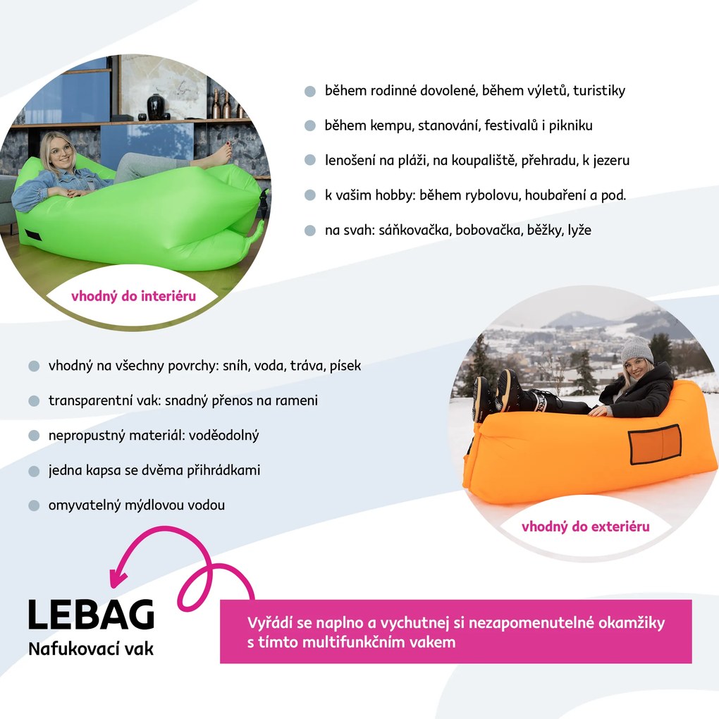 Nafukovací sedací vak, lazy bag LEBAG nylon růžový