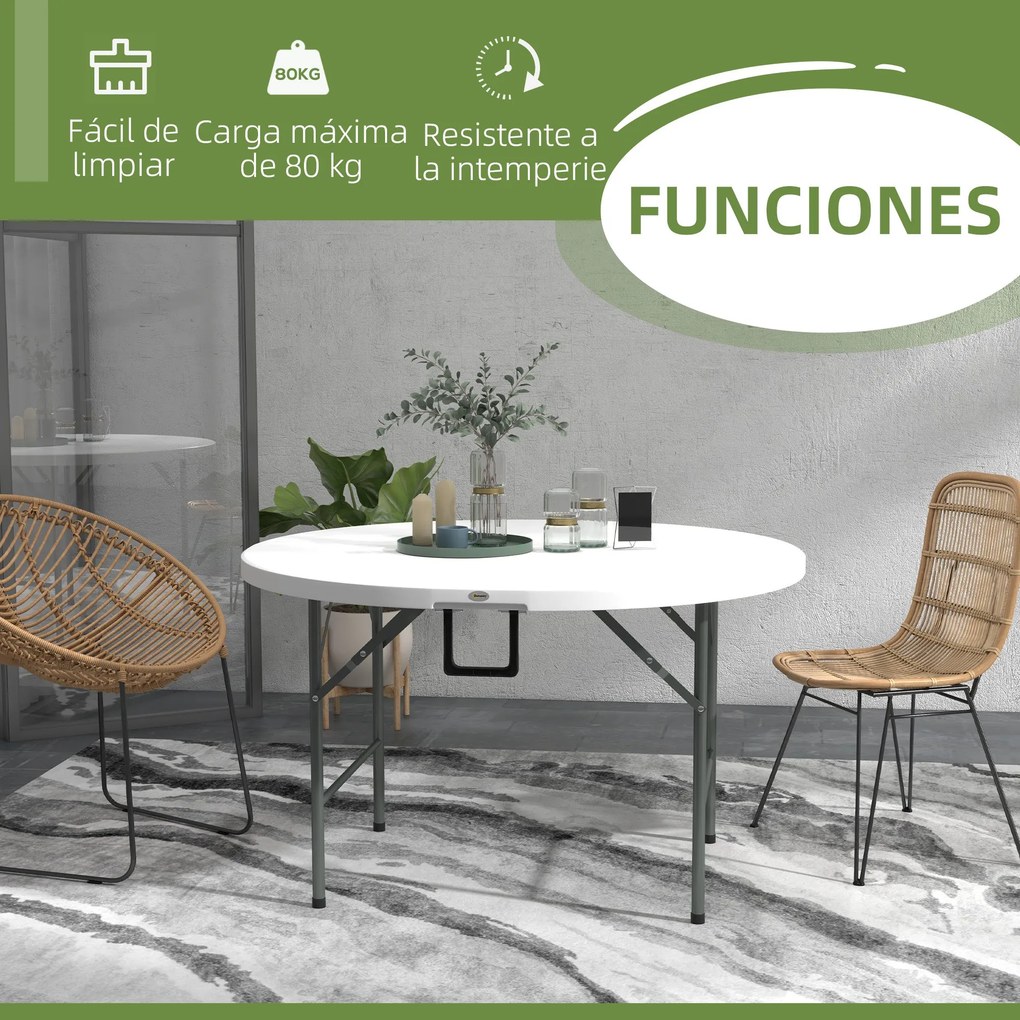 Skládací kulatý boční stůl Outsunny s ocelovou konstrukcí a HDPE deskou, nosnost 80 kg, pro vnitřní i venkovní použití Ø122x73 cm Bílá