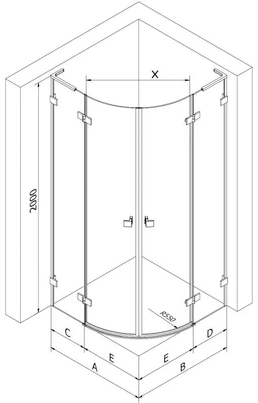 Mexen Lunar, L půlkruhový výklopný sprchový kout 100 x 100 cm, 8mm čiré sklo, černý profil, 833L-100L-100P-70-00