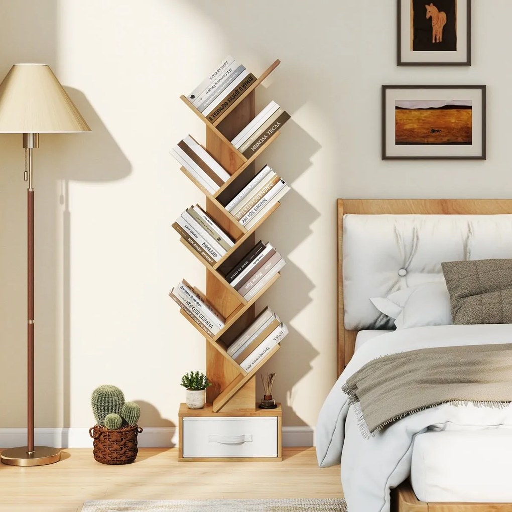 Costway 10 Tier Tree Bookshell se zásuvkovou podlahou Stojací úložná police
