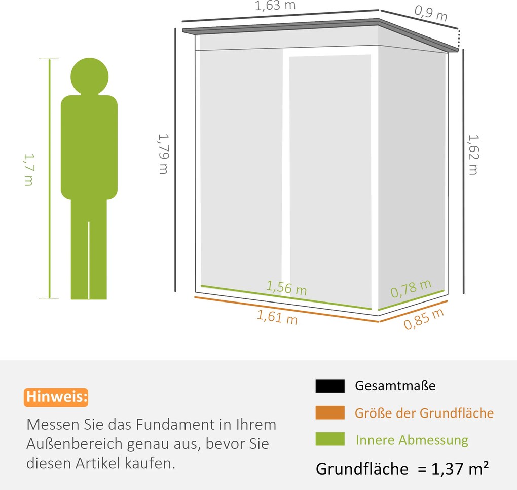 Outsunny Kovový domek na nářadí 1,37 m², uzamykatelný kůlna na nářadí s ventilací Sedlová střecha Rukavice, 163 x 90 x 179 cm