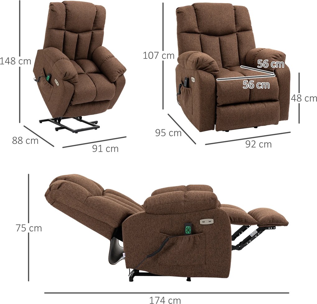 HOMCOM Elektrické televizní křeslo se stojanem Relaxační křeslo s dálkovým ovládáním s napájecím kabelem 58W Hnědá ocel Polyester 92 x 95 x 107 cm