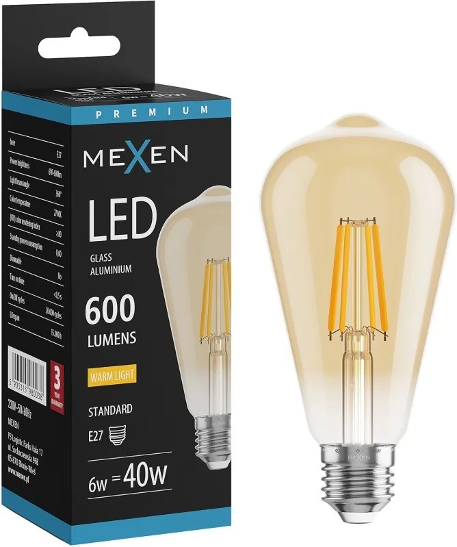Mexen Vintis, LED filamentová žárovka E27, ST64, 6 W, teplá bílá 2700K, jantarová, L152-E27-0627-50