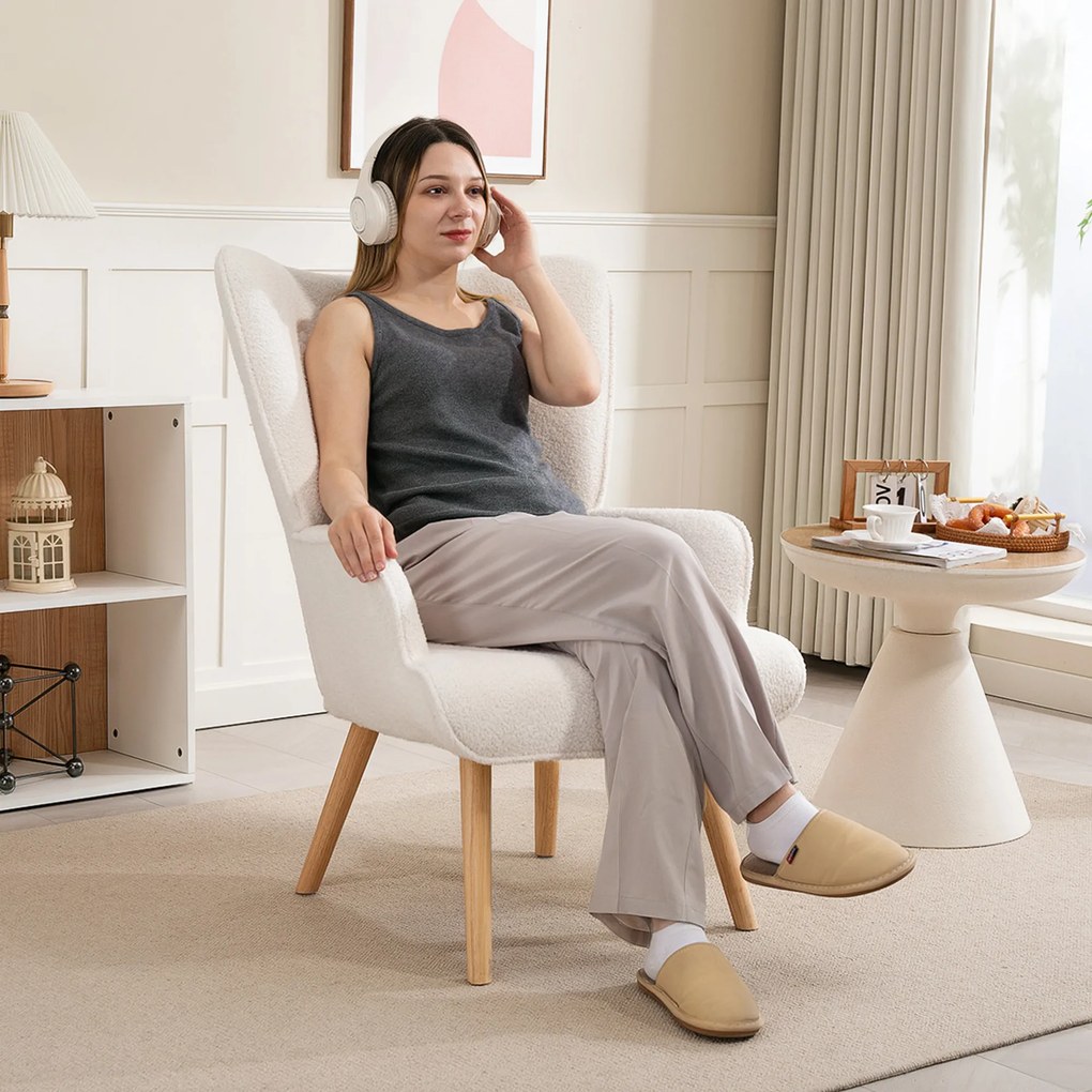 HOMCOM Boucle Fabric Lounge Chair, Moderní Čalouněné Křeslo s Dřevěnými Nohami, Ergonomický Křídlatý Design s Knoflíkovým Prošíváním, pro Jídelnu, Ob…