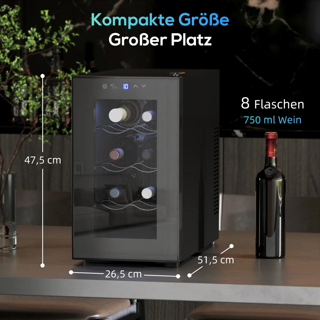 HOMCOM Vinotéka pro 8 lahví, 21 l, termoelektrická, nastavitelné police, LED osvětlení, černá