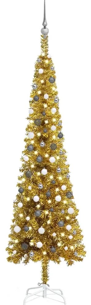 3078130 vidaXL Úzký vánoční stromek s LED diodami a sadou koulí zlatý 240 cm