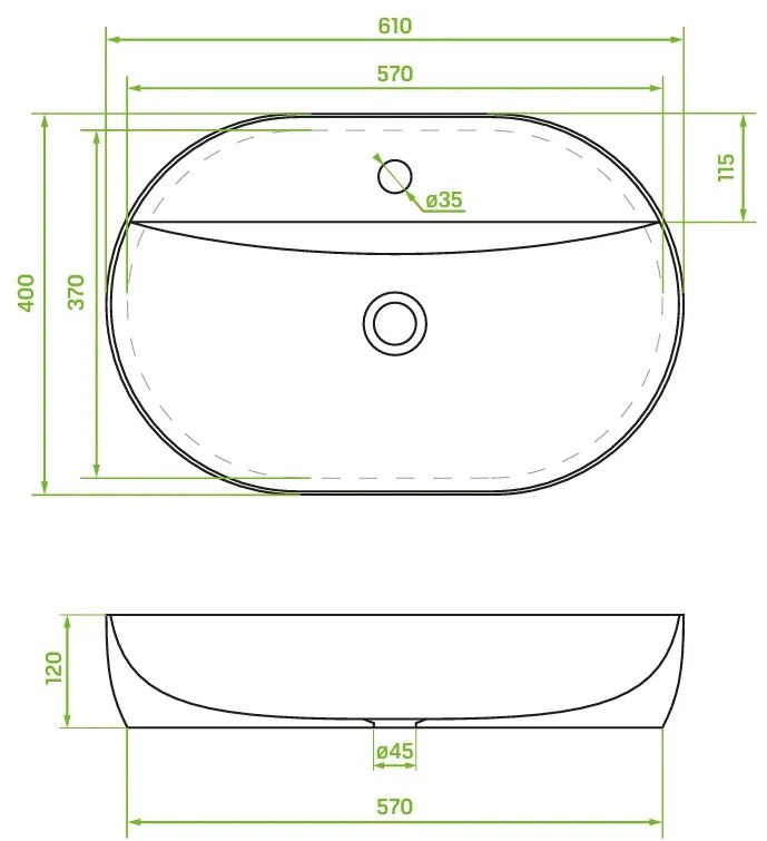 Laveo Lomami, umyvadlo na desku 610x400x120 mm, bílá lesklá, LAV-VUL_6161