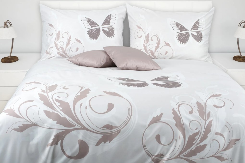 Glamonde luxusní povlečení bavlněný satén Mariposa s béžovohnědými motýlky na béžovém podkladě.