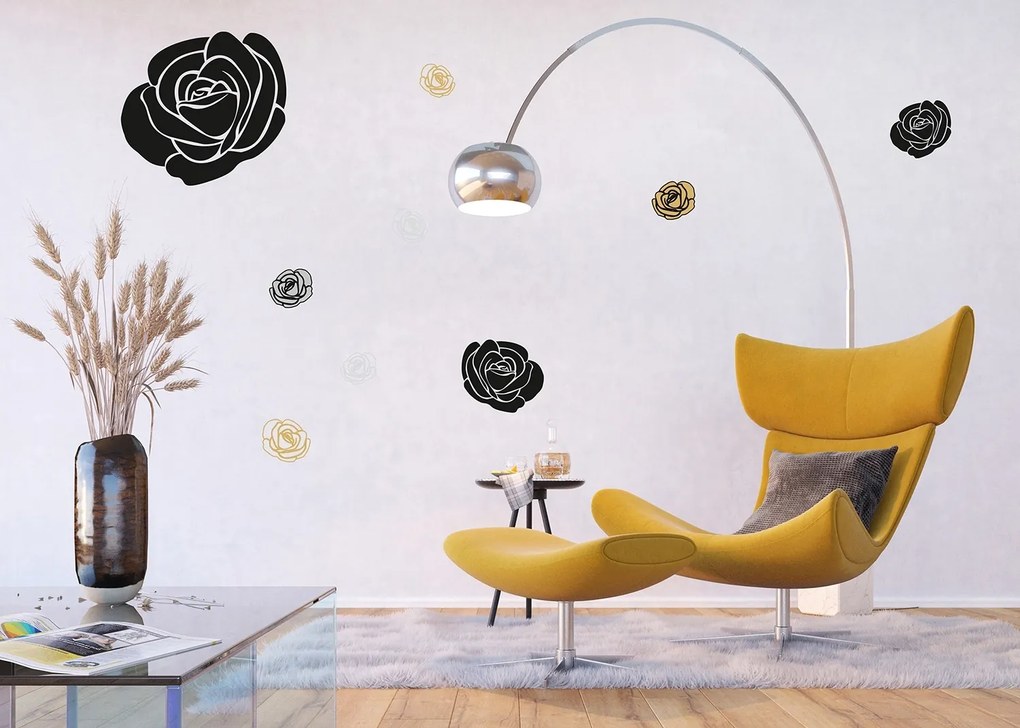 Samolepka na zeď Černé Růže se Zlatými a Stříbrnými Elementy | 65 x 85 cm | DFL0488