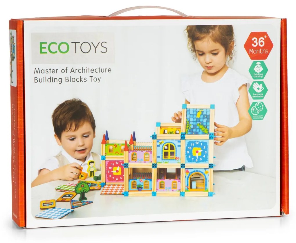 Dřevěné stavební kostičky 6v1 House Ecotoys hnědé