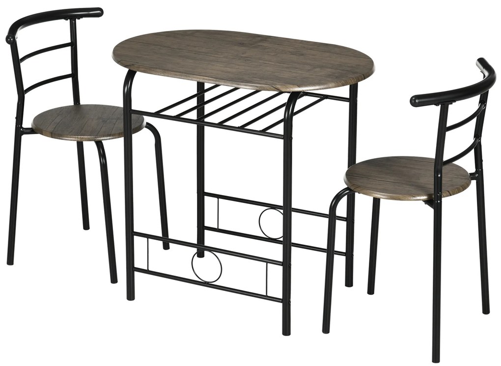 HOMCOM Jídelní set, Jídelní stůl se 2 židlemi, Oválný kuchyňský stůl s úložným prostorem, Kuchyňský set, Stolová sestava do kuchyně, Kov, Černá