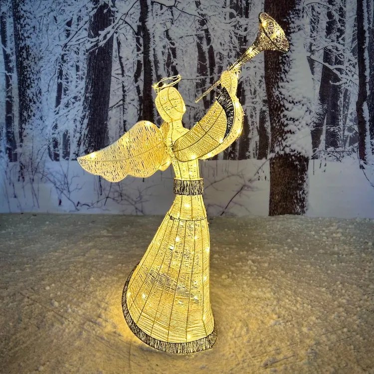 3D LED svítící anděl s trubkou, 122 cm, venkovní, teple bílá, 120 LED, IP44