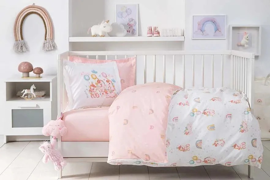 Dětské povlečení Unicorn, s prostěradlem, do postýlky, z bavlny Renforcé, růžové, 100x150 cm