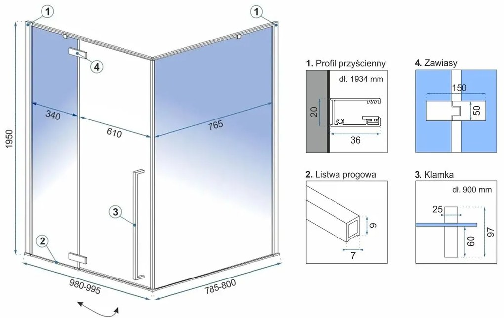 Rea, Sprchový kout REA FARGO 100x80 - zlatý, KPL-K4908
