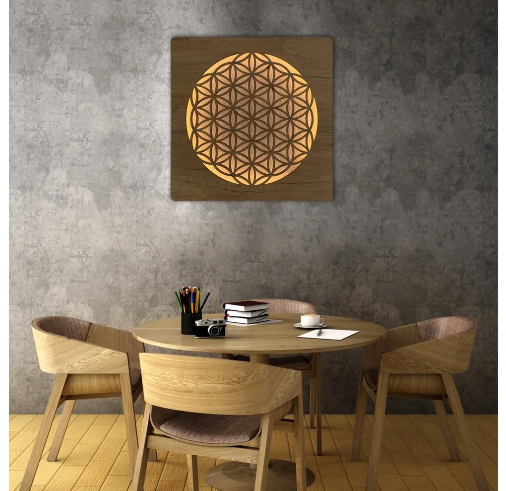 Li-Go "Květ života" světelný obraz s baterií 62x62cm varianta ovládání: ovládání na obraze včetně dálkového ovladače, provedení povrchu: dub