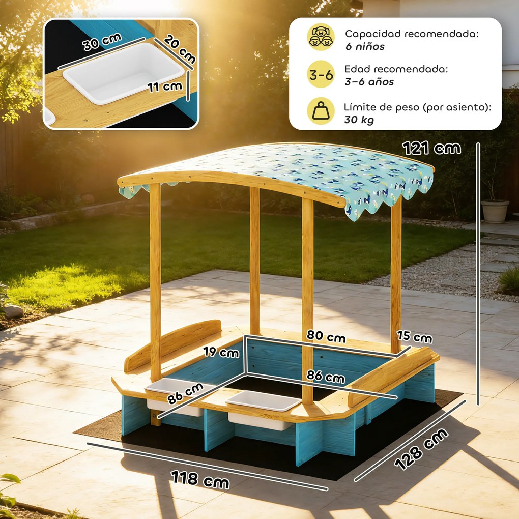 AIYAPLAY Dřevěné pískoviště se střechou, 3 lavice, 2 PP boxy, podklad pro děti 3-6 let, 128x118x121 cm, modrá
