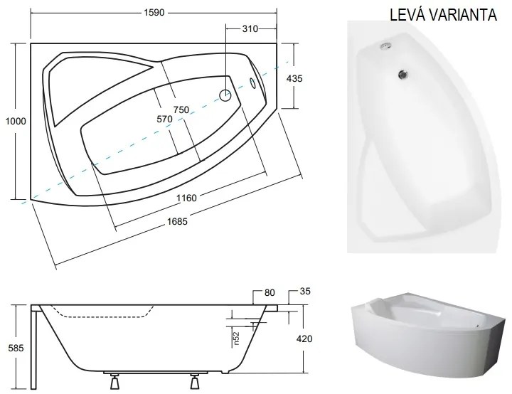 Besco Rima 160x100 akrylátová vana Délka vany: 160cm, Orientace: Levá