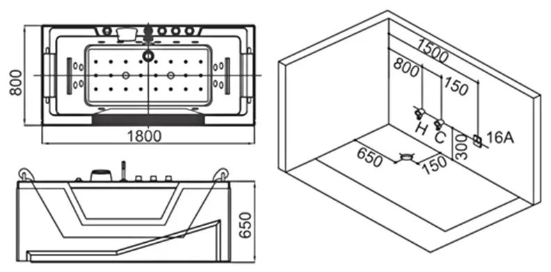 BPS-koupelny Hydromasážní vana HYD-CA938 182x82 s ohřevem vody