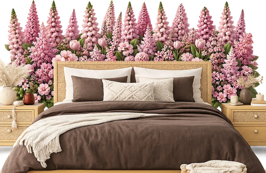 Růžové květy a květiny samolepky na zeď do ložnice arch 130 x 56 cm