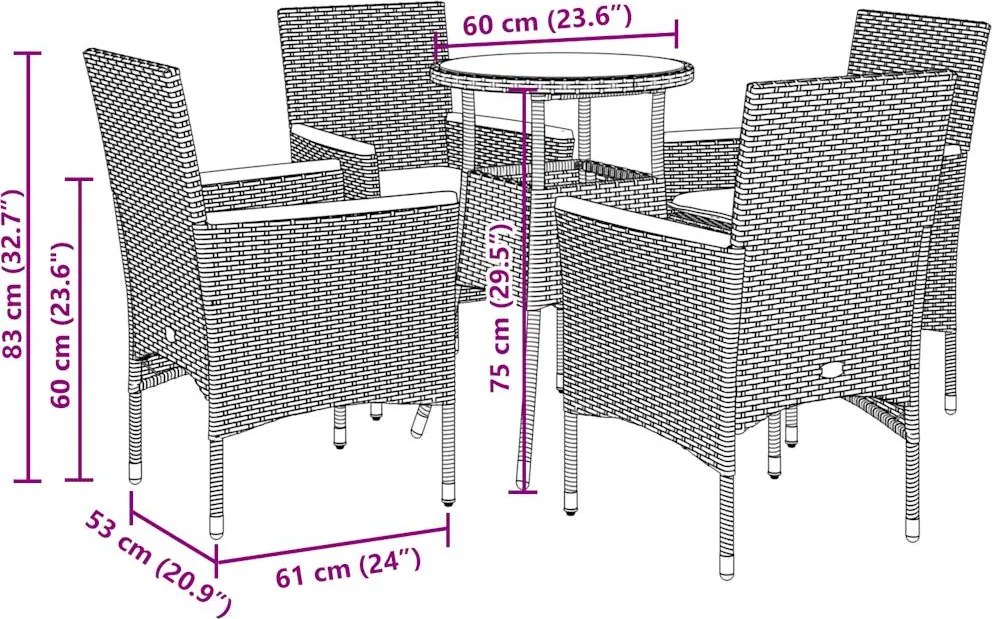 5dílný zahradní jídelní set s poduškami šedý polyratan a sklo 3278724