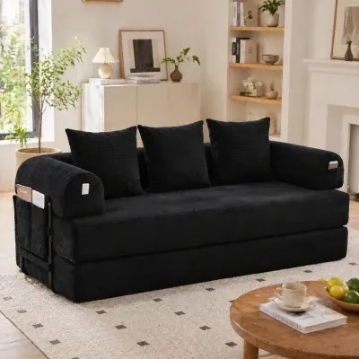 Aosom Skládací kompresní pohovka s pevným kovovým rámem, boční kapsy plus 3 polštáře, 200D x 94Š x 67V cm, černá