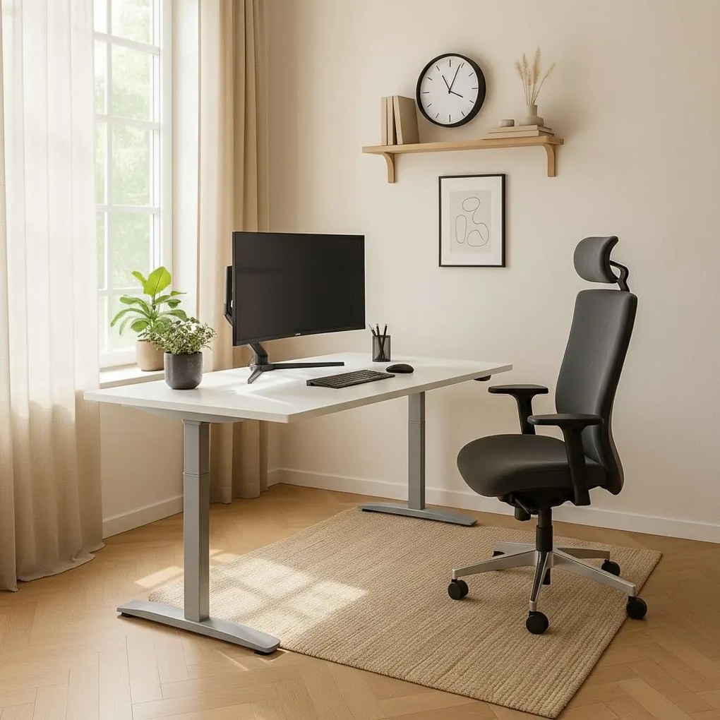 Výškově nastavitelný stůl OfficeTech A, 160 x 80 cm, šedá podnož, bílá