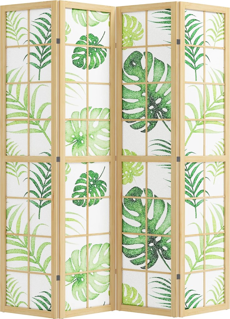 HOMCOM 4-panely skládací paraván, 160 × 170 cm — borovicový rám s potiskem palmových listů, volně stojící přepážka (přírodní/zelená) | Aosom