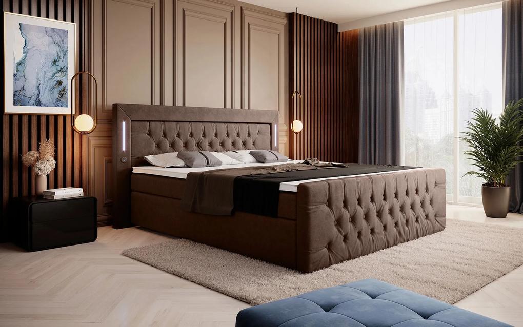 Boxspring postel ELEGANCE s úložným prostorem, LED a USB, samet Velikost postele: 180 × 200 cm, Barvy sametu: Hnědý samet, Výběr matrace: Taštičková…